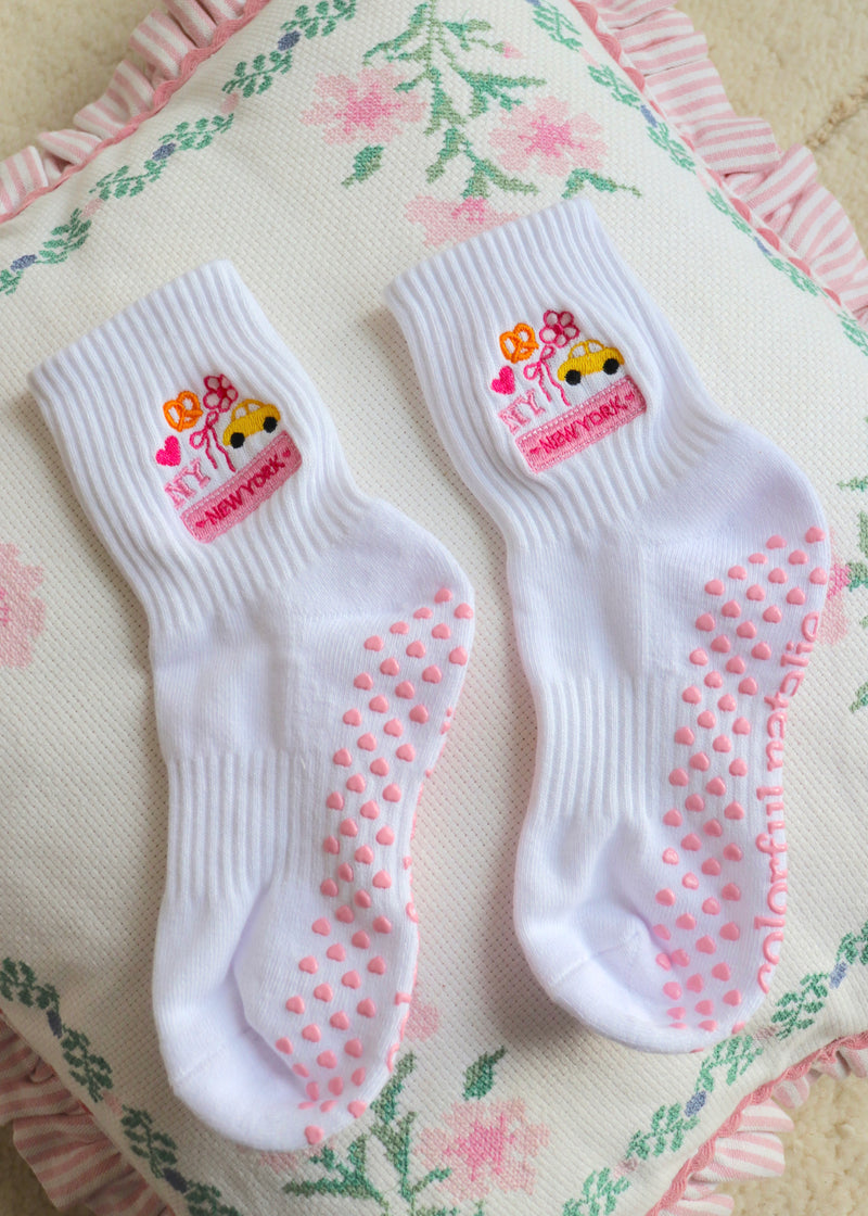 White NY Themed Grip Socks – Colorful Natalie